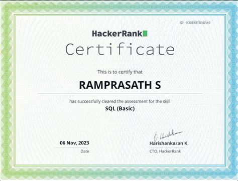 Hackerrank Sql Data Certification Continuouslearning Ramprasath S