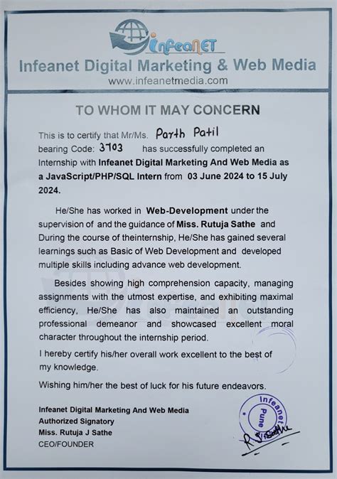 Parth Patil On Linkedin Internship Infeanet Webdevelopment