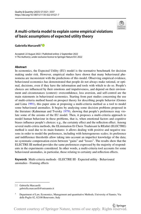 A Multi Criteria Model To Explain Some Empirical Violations Of Basic Assumptions Of Expected