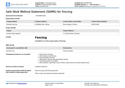 Safe Work Method Statement For Fencing Free Fencing Swms