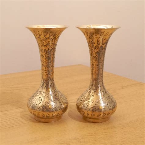 2 Vintage Solid Brass Vases Floral Pattern Made In India 3123 Etsy