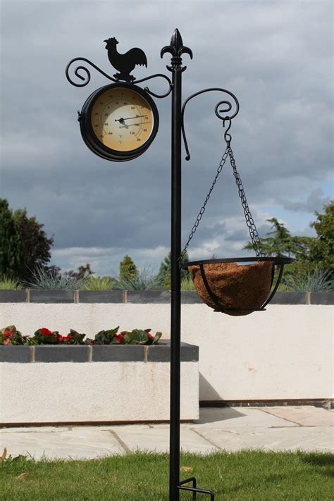 Cockerel Design Garden Clock And Thermometer With Hanging Basket And Stand Garden Market Place