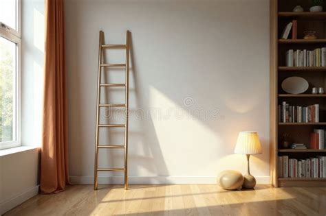 A Sunlit Interior Scene Featuring A Golden Ladder A Minimalist Lamp