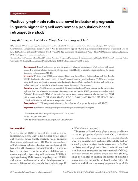 Pdf Positive Lymph Node Ratio As A Novel Indicator Of Prognosis In Gastric Signet Ring Cell