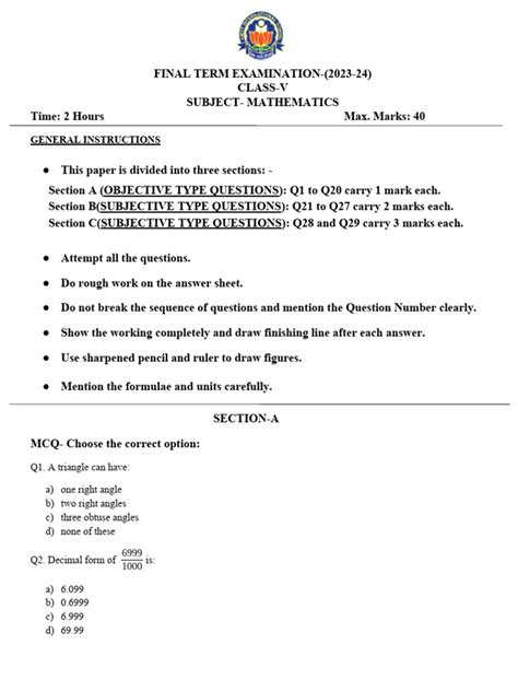 Class 5 Math Qp Pdf Rectangle Triangle