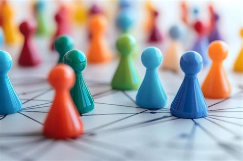 Colorful Game Pieces On Connected Network Diagram Symbolizing Teamwork And Social Connections