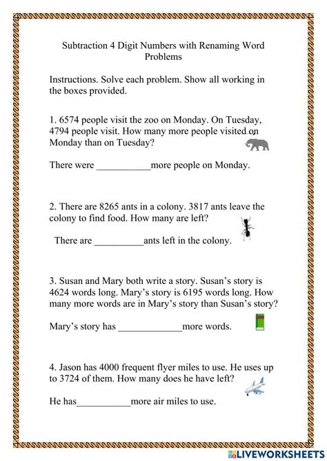 Subtraction Without Renaming Up To 9999 Word Problems Worksheet