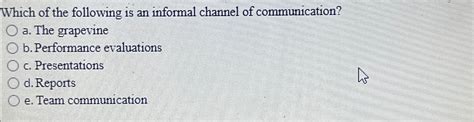 Solved Which of the following is an informal channel of | Chegg.com