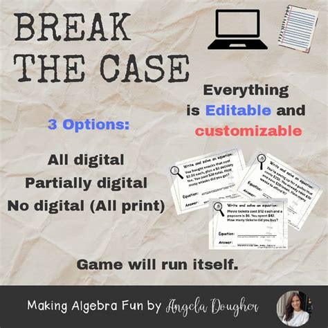 Break The Case Mystery Game Algebra Topic Two Step Equations Word Problems