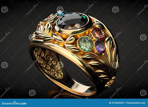 Beautiful Ancient Golden Ring With Many Various Big Expensive Gemstones And Vintage Ornament