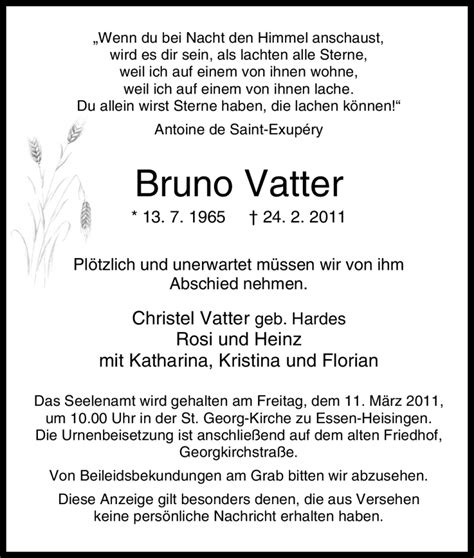 Traueranzeigen Von Bruno Vatter Trauer In Nrw De
