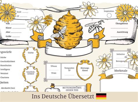 Dnd 5e German Character Sheet With Bee And Honeycomb Nature Theme Printalbe And Translated To