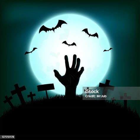 좀비 손이 땅에서 상승하고 보름달 밤 배경에서 박쥐와 할로윈 개념 벡터 일러스트 묘지에 대한 스톡 벡터 아트 및 기타 이미지 묘지 손 좀비 Istock