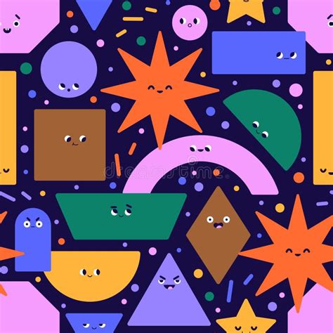 Cute Geometric Shapes Seamless Pattern Cute Funny Faces Emotions Of