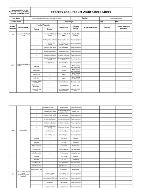 Process And Product Audit Check Sheet V30 Hi Deck Pdf