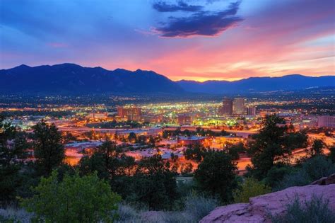 Colorado Springs Skyline Twilight View Of The City Landscape In Western
