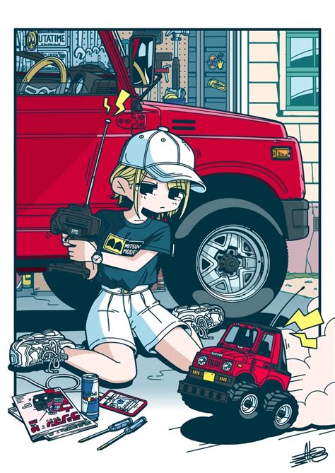 Original Red Bull Suzuki Company Highres Vehicle Request 1girl Baseball Cap Black Shirt