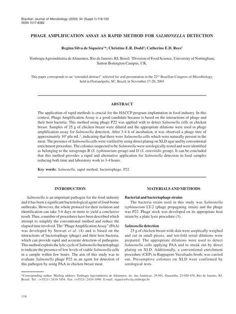Pdf Phage Amplification Assay As Rapid Method For Salmonella Detection