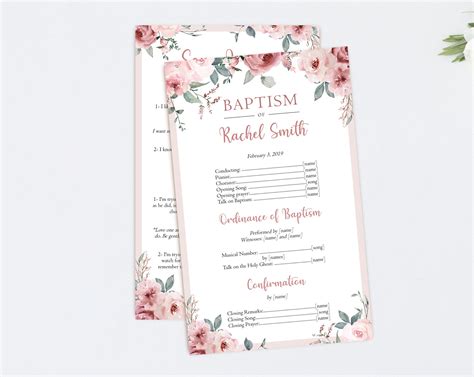 Lds Editable Baptism Program Invitation Editable Dusty Rose Flowers