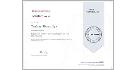 Completion Certificate For Supervised Machine Learning Regression And Classification Tushar