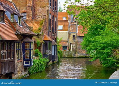 Medieval Houses Over Canal In Bruges Belgium Stock Image Image Of