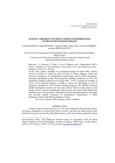 Pdf Genetic Variability Of Wheat Germplasm Represented In The South