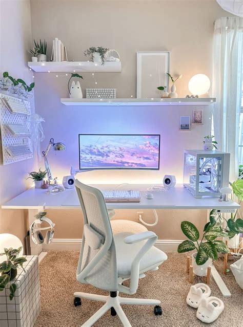 Minimalist White Desk Setup With Plants Cozy Gaming Room Decor Ideas