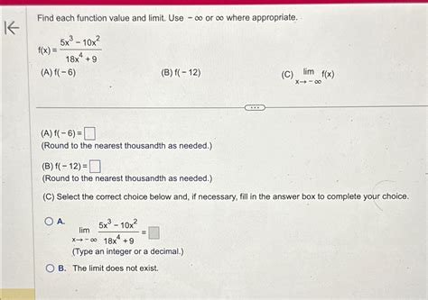 solved find each function value and limit use infty