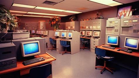 S Computer Room Showcasing Crt Monitors And Tower Pcs Generative Ai Stock Illustration