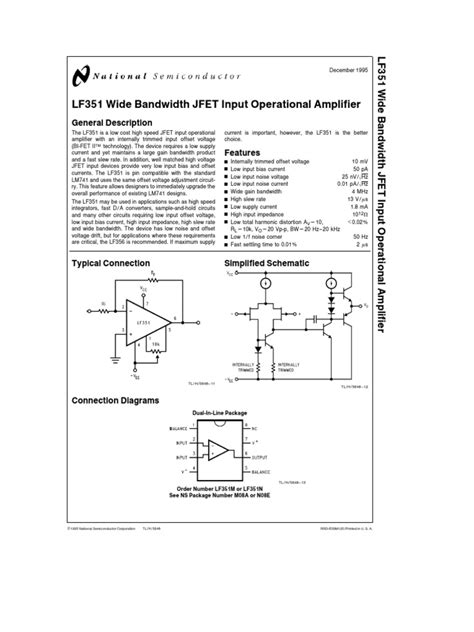 Lf351 Wide Bandwidth Jfet Input Operational Amplifier General Description Pdf Amplifier