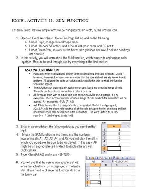 Excel Activity 11 Sum Function Pdf Spreadsheet Formula