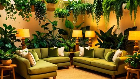 Interior Of Living Room With Green Houseplants And Sofas Stock