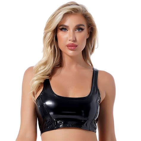 Women Shiny Leather Tank Top Glossy Pvc Leather Hot Breast Exposed