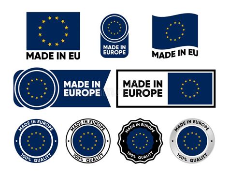 Made In Europe Label Collection Set Of Flat Isolated Stamp Made In Eu