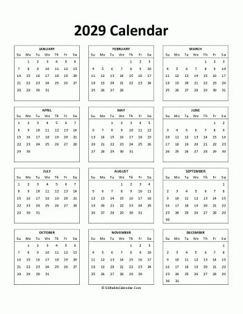 Free Printable Calendar 2029 Word Pdf Excel