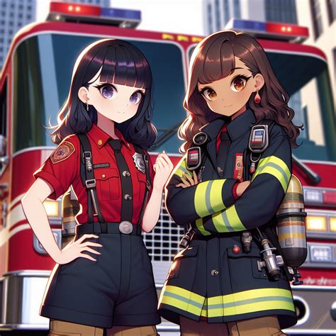 Anime Fire Figther Girls Posing Infront Of Fire Engine Blank Template Imgflip