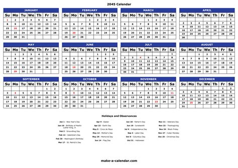 2045 Calendar Free Yearly Printable