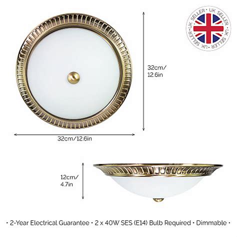 Traditional Antique Brass Flush Ceiling Light Fitting With Opal Glass