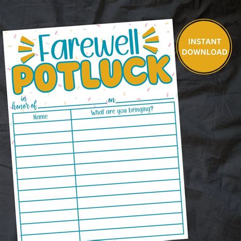 Downloadable Potluck Sign Up Sheet Office Potluck Farewell Potluck