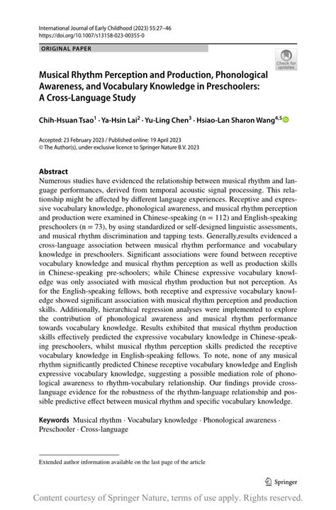 Musical Rhythm Perception And Production Phonological Awareness And Vocabulary Knowledge In