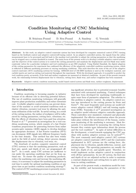Pdf Condition Monitoring Of Cnc Machining Using Adaptive Control