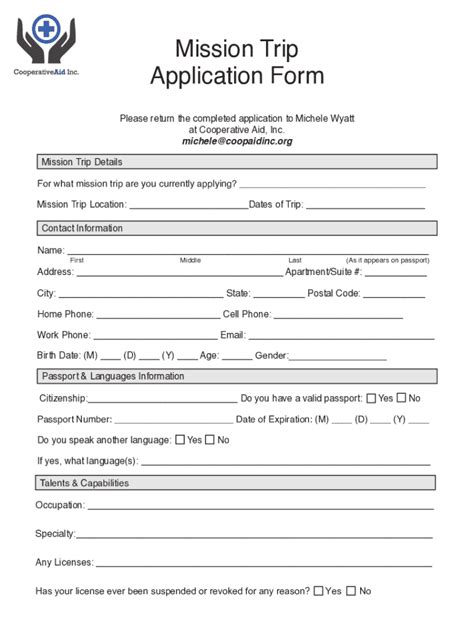 Fillable Online Mission Trip Application Fax Email Print Pdffiller