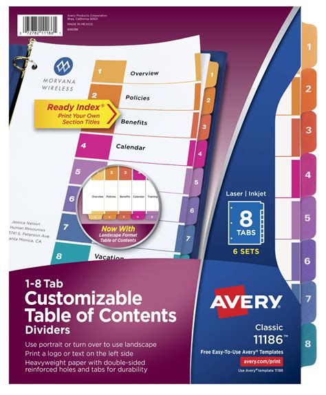 Avery 8 Tab Dividers For 3 Ring Binders Customizable Table Of Contents