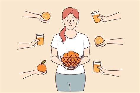 Premium Vector Woman Eats Oranges And Drinks Freshly Squeezed Citrus Fruit Juice To Get