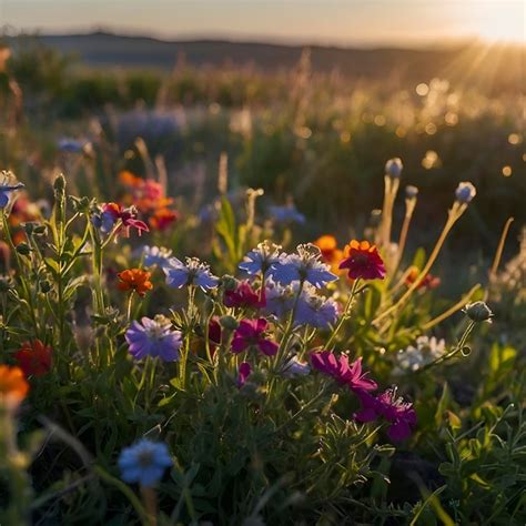 Field Of Colorful Wildflowers In The Morning Premium Ai Generated Psd