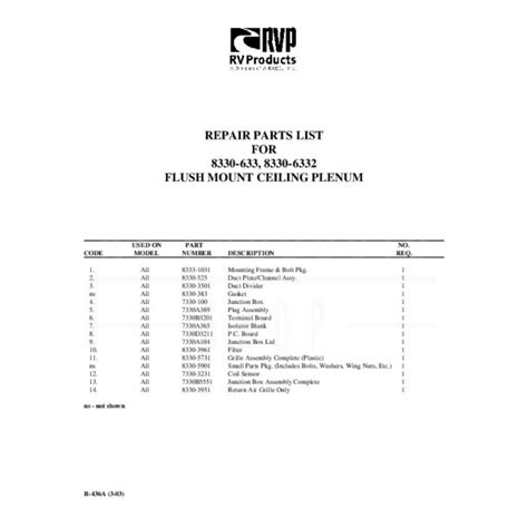 Rvps 8330 633 2 Ceiling Assembly Repair Parts List