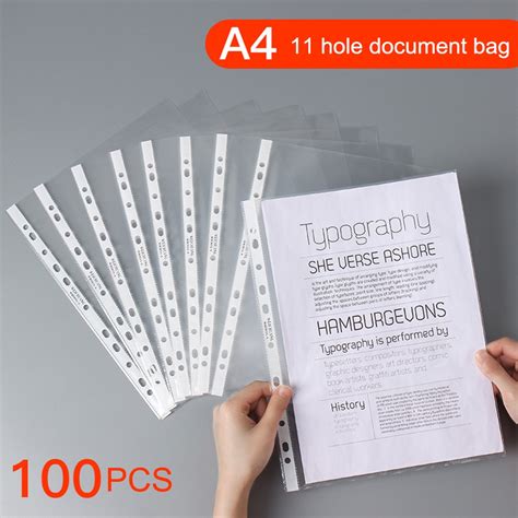 100pcs A4 Plastic Punched Pockets Folders Filing 11 Holes Loose Leaf