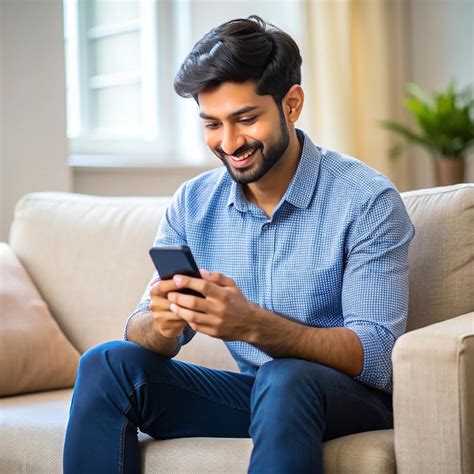 A Man Is Sitting On A Couch And Looking At A Phone Premium Ai