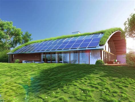 House With Green Roof Solar Panels Blends Into Natural Landscape Stock