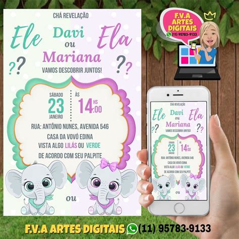 Convite Digital Chá Revelação Elefantinhos Verde E Lilás no Elo7